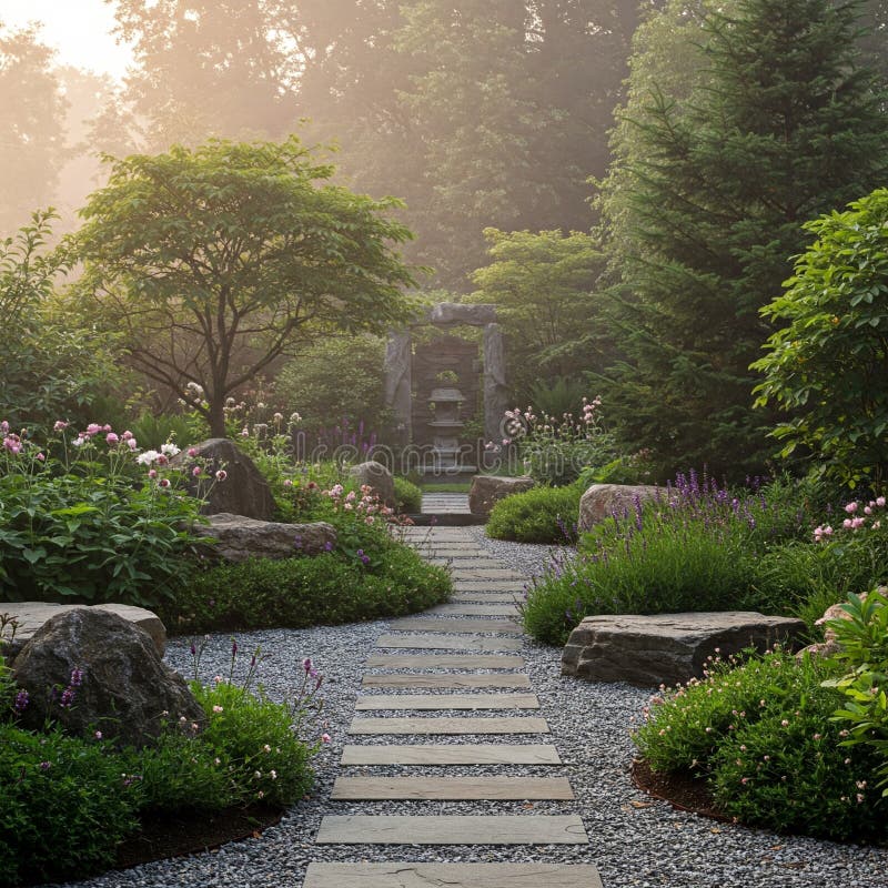 Serene Garden Stone Path Mist (Generated with AI) Stock Illustration ...