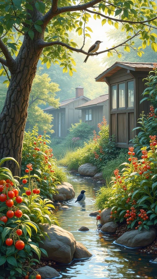 Serene Garden Stream with Lush Foliage and Cottages in Morning Light ...