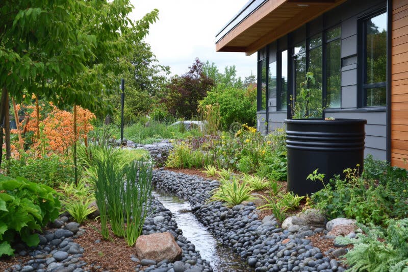 A Serene Garden Stream with Pebbles, Greenery, and a Modern House Stock ...