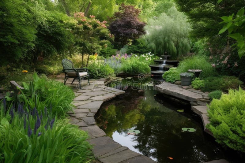 Serene Garden with Water Feature and Peaceful Setting for Relaxing ...