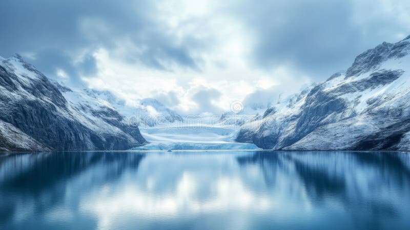 Serene Glacial Landscape with Mountain Reflections Stock Illustration ...