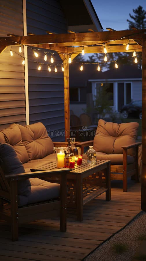 A Backyard Decorated with String Lights Lanterns for Festival Like New ...