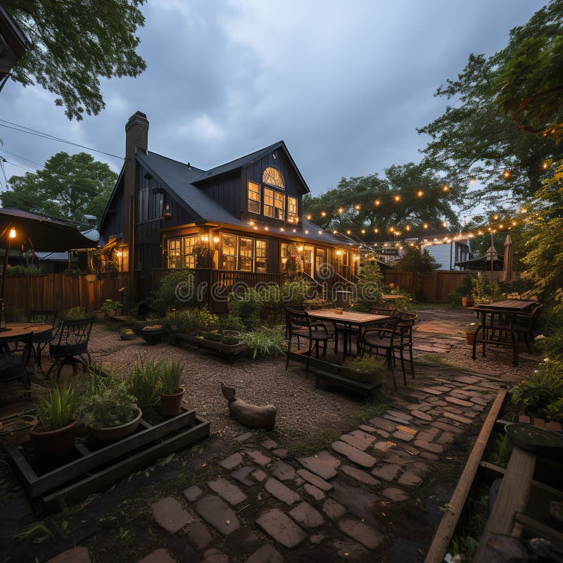 A Backyard Decorated with String Lights Lanterns for Festival Like New ...