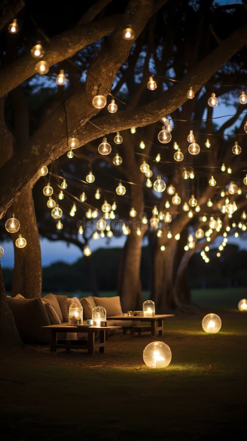 A Backyard Decorated with String Lights Lanterns for Festival Like New ...