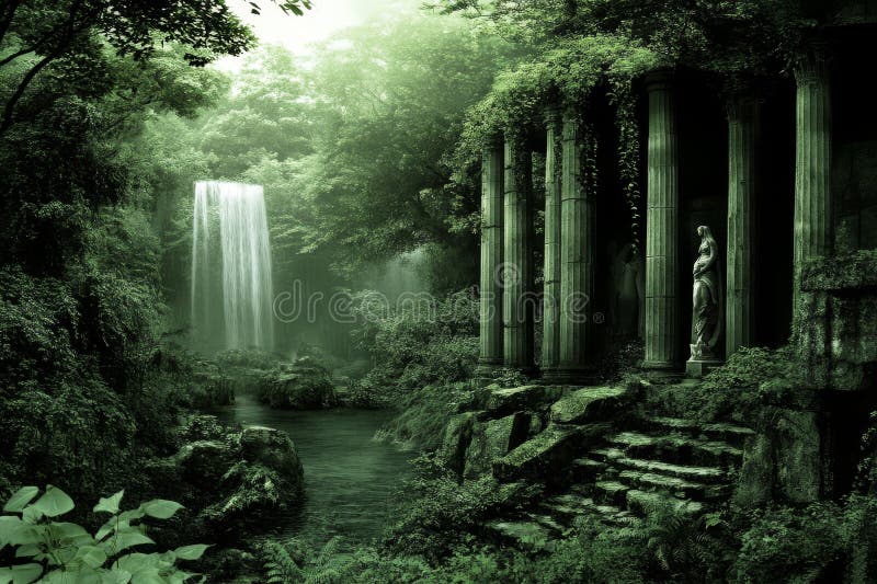 A Serene and Glowing Forest Setting Includes an Enchanted Waterfall ...