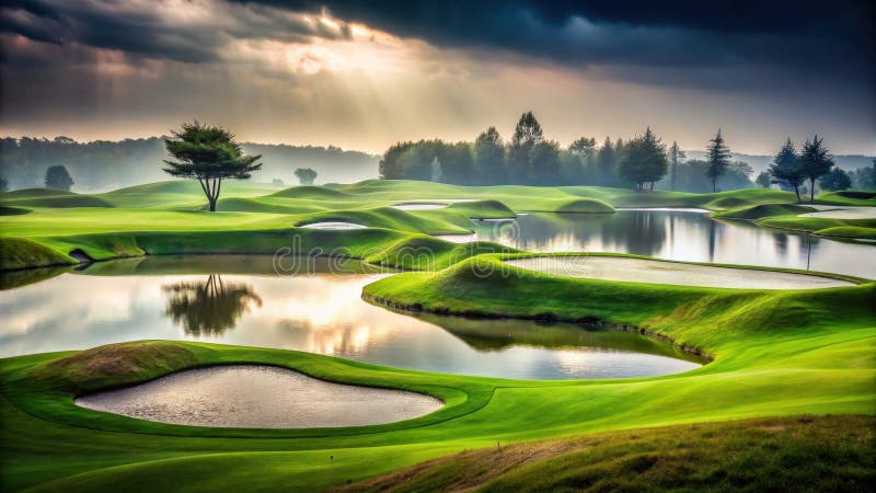 Serene Golf Course Landscape at Dawn with Rolling Greens and Still ...