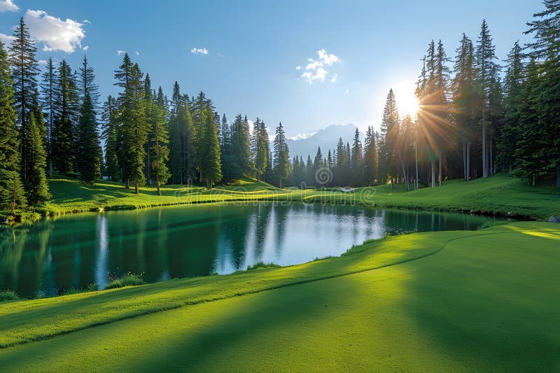 Serene Golf Course Landscape with Lush Greenery and Sunset Reflections ...