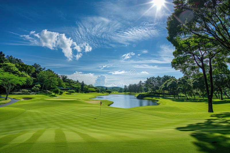 A Serene Golf Course Setting with Lush Greenery, Peaceful Water ...