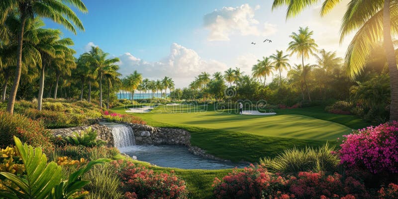 A Serene Golf Course Surrounded by Lush Greenery and Vibrant Flowers ...