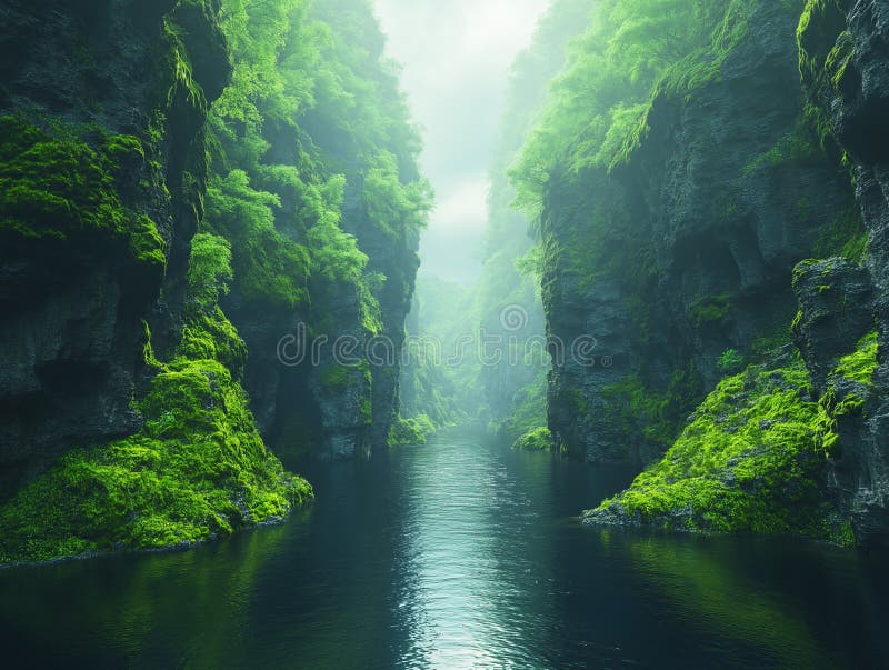Serene Gorge with Moss-Covered Cliffs and Calm Waters Stock ...