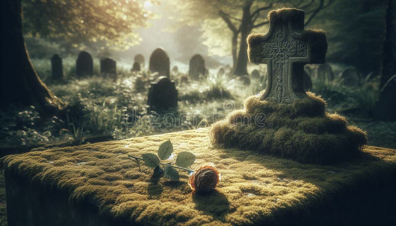 Serene Graveyard with Mossy Cross and Rose Stock Illustration ...