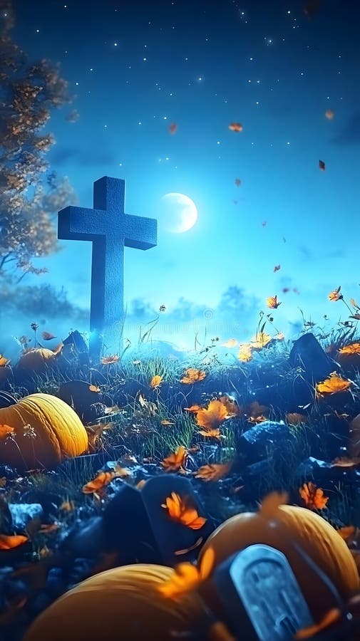 A Serene Graveyard Scene with Pumpkins and Autumn Leaves Under a ... A Serene Graveyard Scene with Pumpkins and Autumn Leaves Under a ...