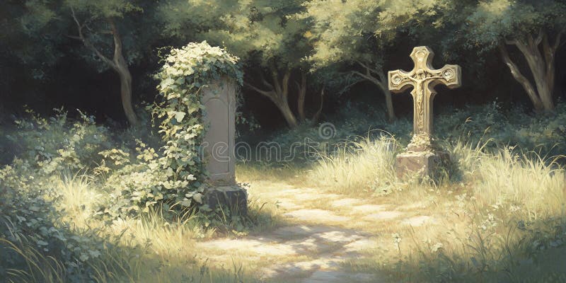 A Serene Graveyard Scene with Stone Monuments and Lush Greenery in a ...