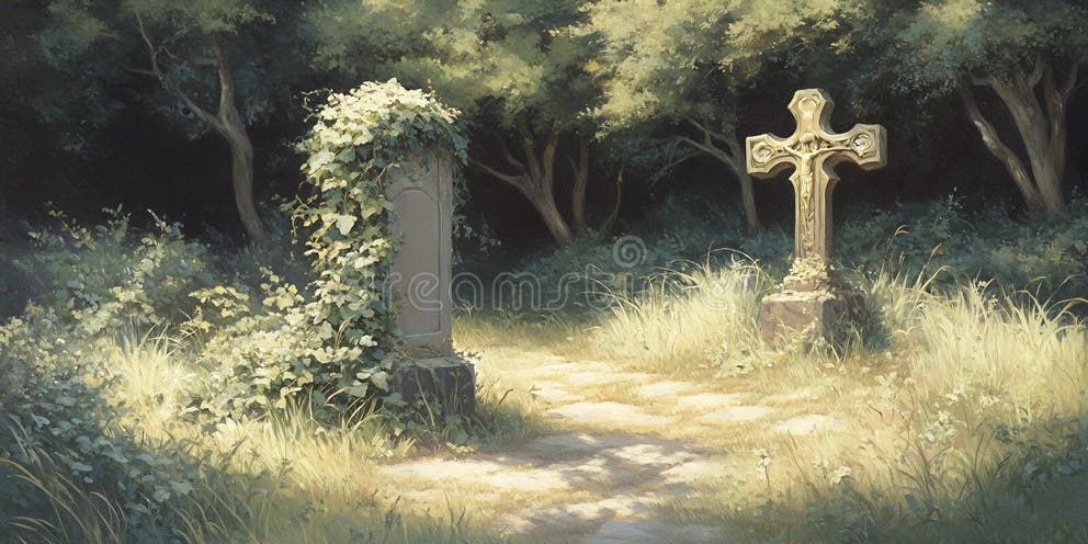 A Serene Graveyard Scene with Stone Monuments and Lush Greenery in a ...