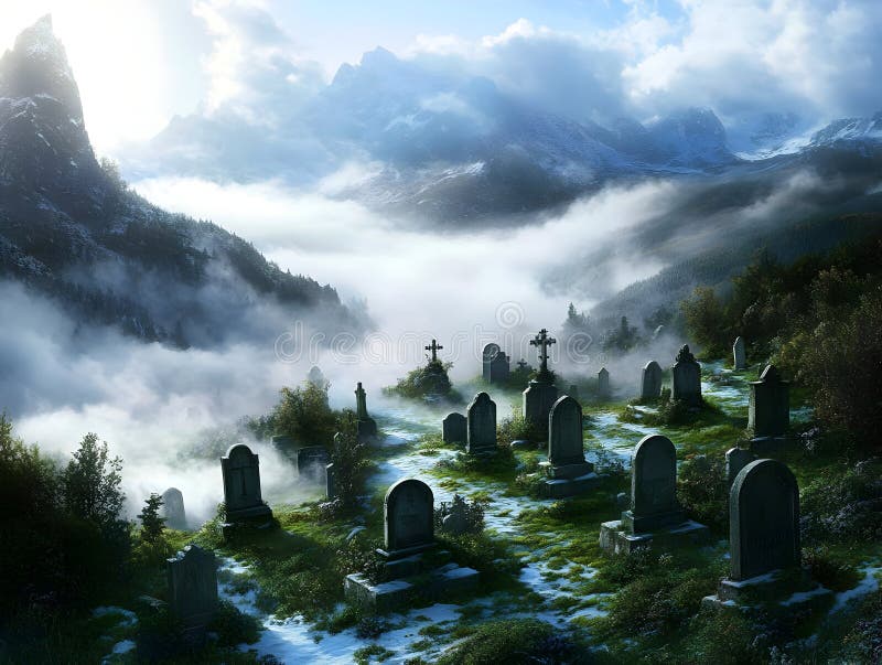 A Serene Graveyard Scene Surrounded by Mountains and Mist, Evoking a ...