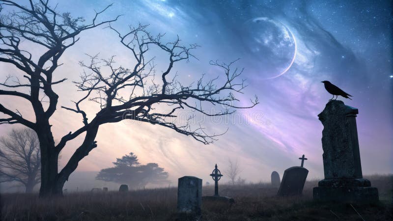 Serene Graveyard at Twilight with a Lone Raven Perched Atop a Weathered ...