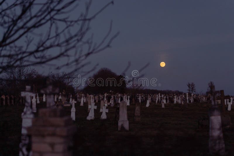 Serene Graveyard Under a Full Moon at Dusk Stock Image - Image of dusk ...