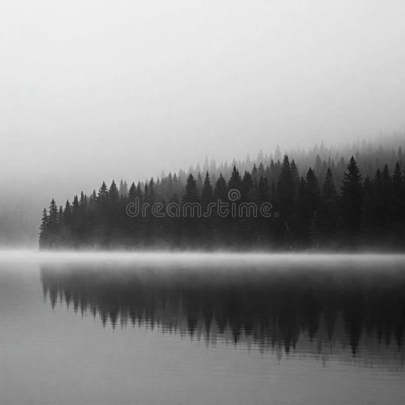 Grayscale Pine Trees Lake Reflection (Generated with AI) Stock Image ...
