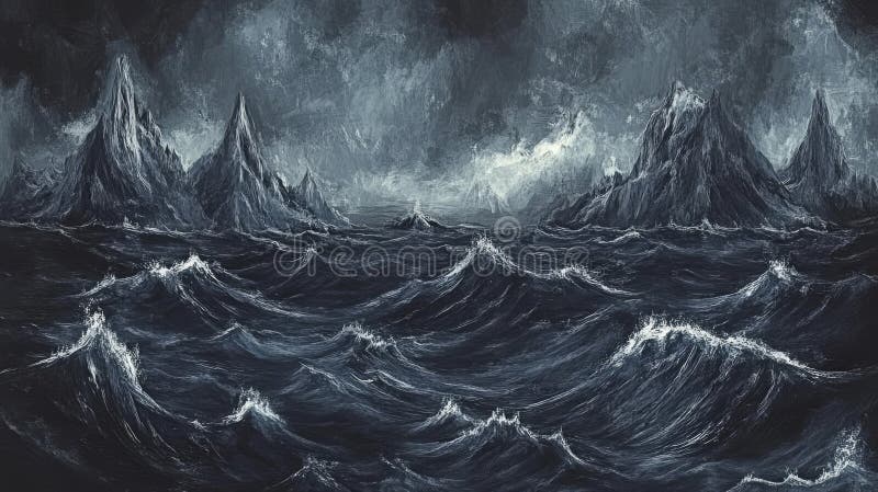 A Serene Grayscale Landscape of Misty Mountains and Tranquil Ocean ...