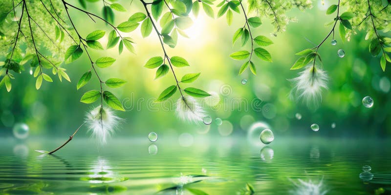 Serene Green Branches Reflecting in Still Water with Dew Drops and Seed ...