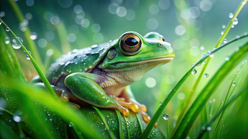 Serene Green Frog Perched on Dew-kissed Grass Blade. Generative AI ...