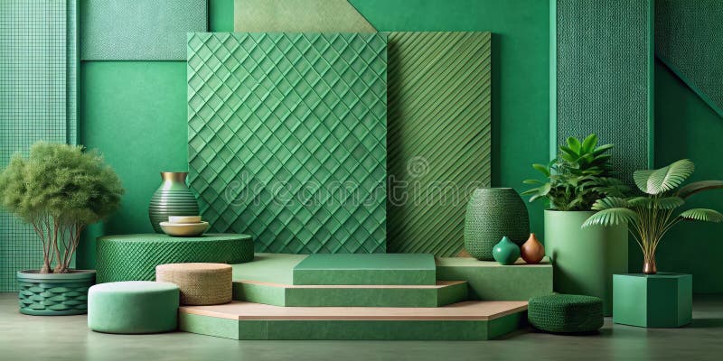 Serene Green Interior Design Studio Display with Textured Walls and Elevated Platforms ...