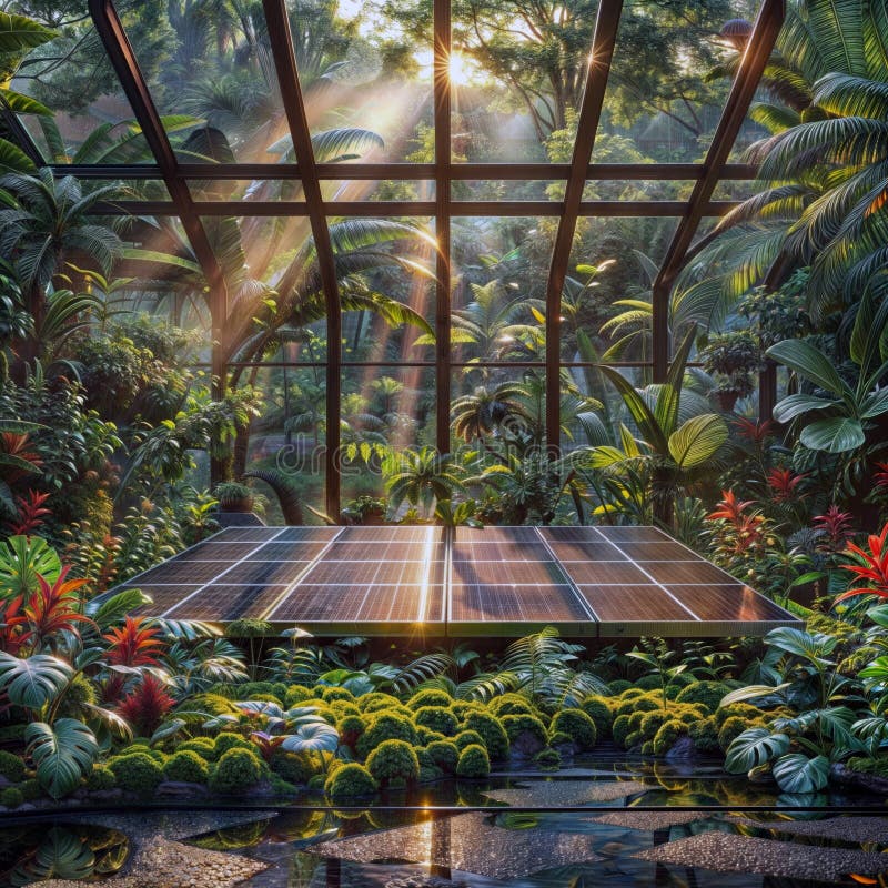 Serene Greenhouse: Solar Panels and Tropical Plants Reflect in a ...