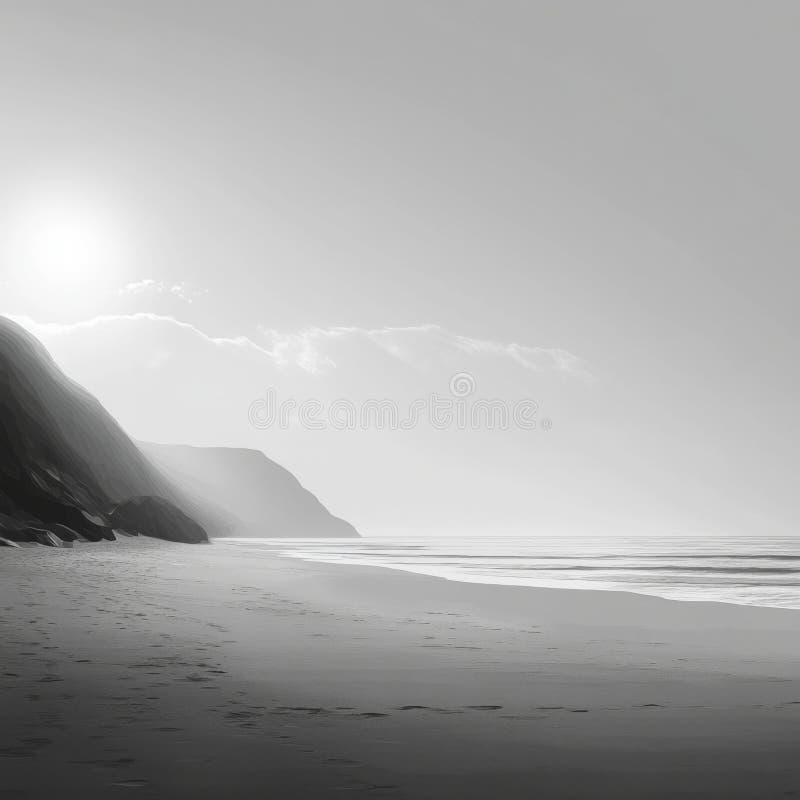Serene Grey Beach Scene with Gentle Waves and Sunlit Cliffs Stock Photo ...