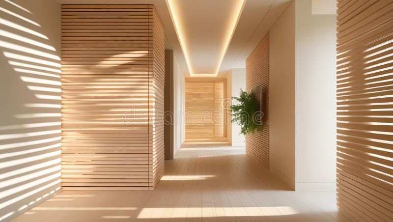 A Serene Hallway Features Wooden Slatted Walls that Create Intriguing ...