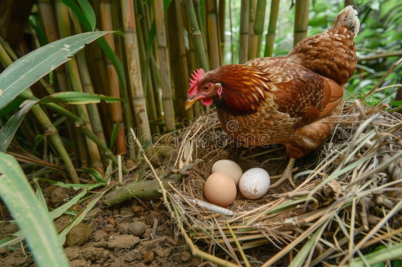 A Serene Hen Nesting on Eggs in a Bamboo Setting. Stock Image - Image ...