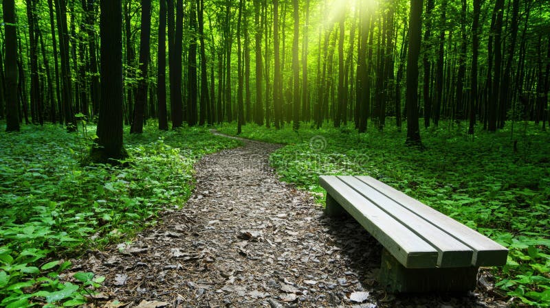 Serene Hiking Trail Surrounded by Lush Green Trees and Bench Stock ...