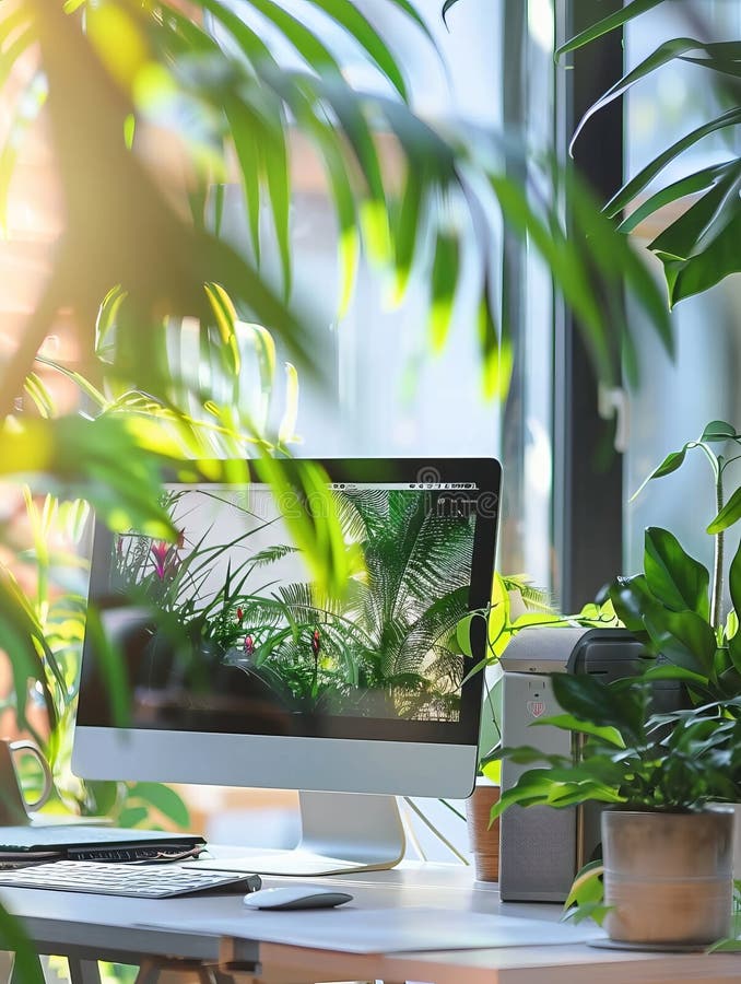 A Serene Home Office Corner with a Sleek Computer, a Speaker, and Fresh ...