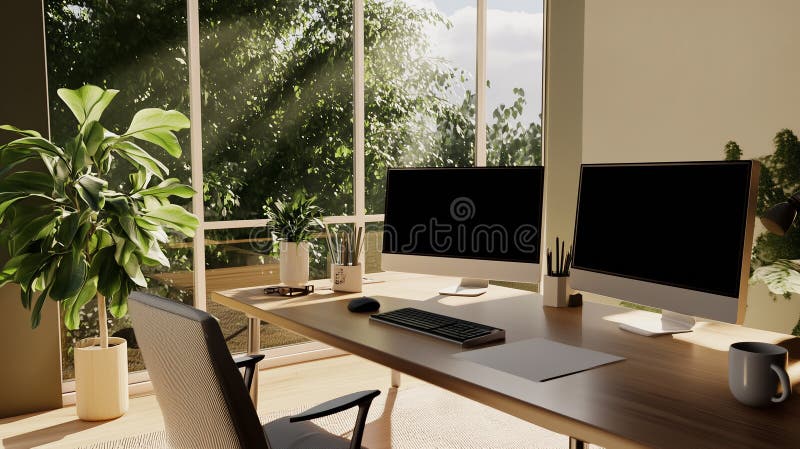 Serene Home Office with Large Window Modern Desk Setup Surrounded by ...