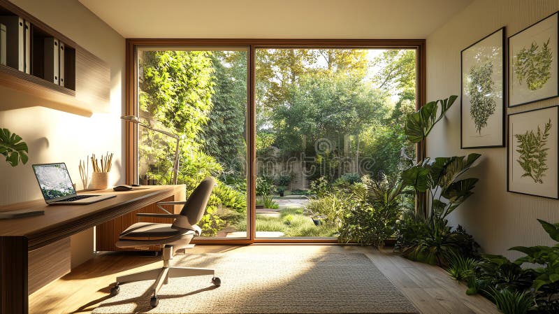 A Serene Home Office Setup with a Desk, a Laptop, and a View of a ...