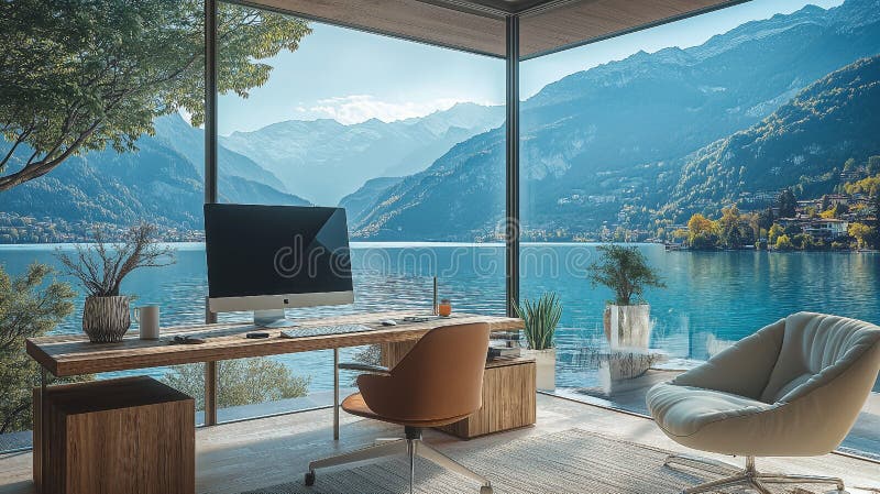Stunning Home Office with Panoramic Lake and Mountain View Stock Photo ...