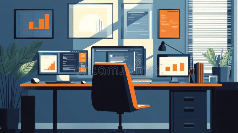 Serene Home Office Setup with Multiple Digital Screens and Decor Stock ...