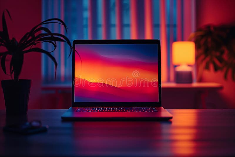 Laptop with Scenic Sunset Wallpaper. AI Generated. Stock Illustration ...