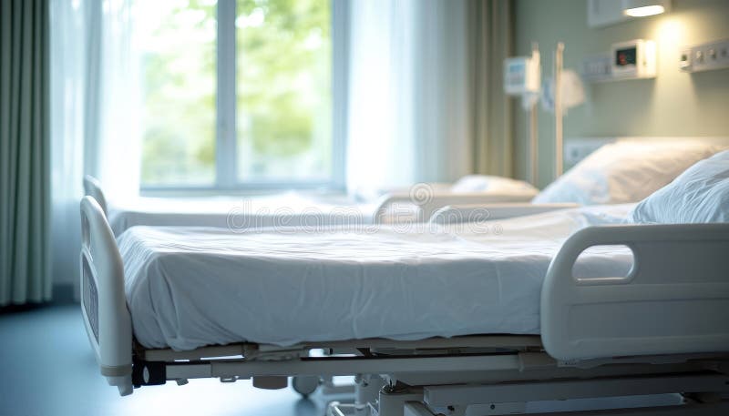 Serene Hospital Room with Washed White Beds and Soft Lighting, Inviting ...