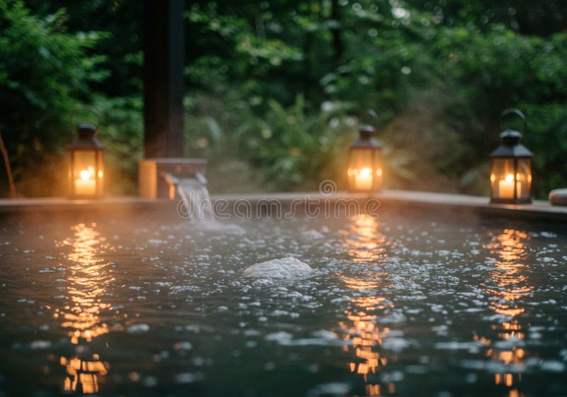 Serene Hot Spring Bath Under the Twilight: a Relaxing Getaway Stock ...