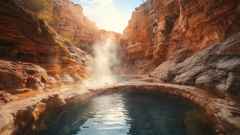 A Serene Hot Spring Surrounded by Steam and Towering Red Rock Stock ...