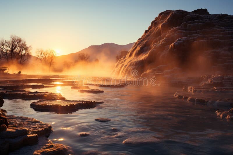 Serene Hot Springs in Sunrise Light, Sunrise and Sunset Wallpaper Stock ...