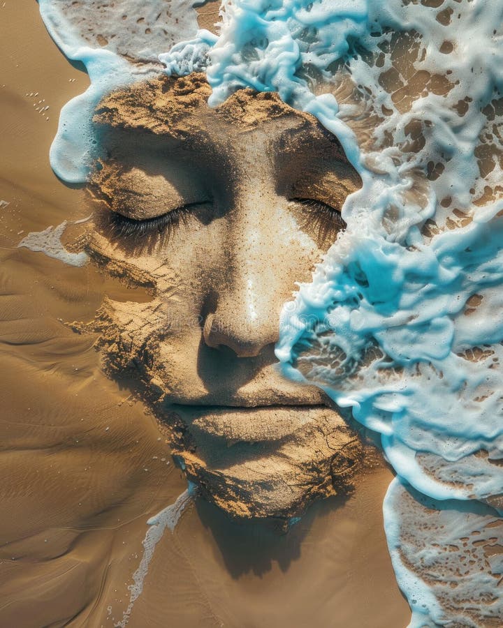 A Serene Human Face Sculpted in Sand, Partially Covered by Ocean Waves ...