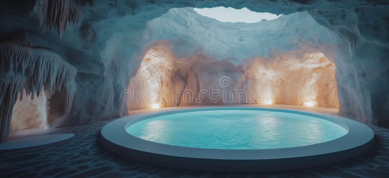 Serene Ice Cave Spa with Circular Pool and Ambient Lighting Stock Photo ...