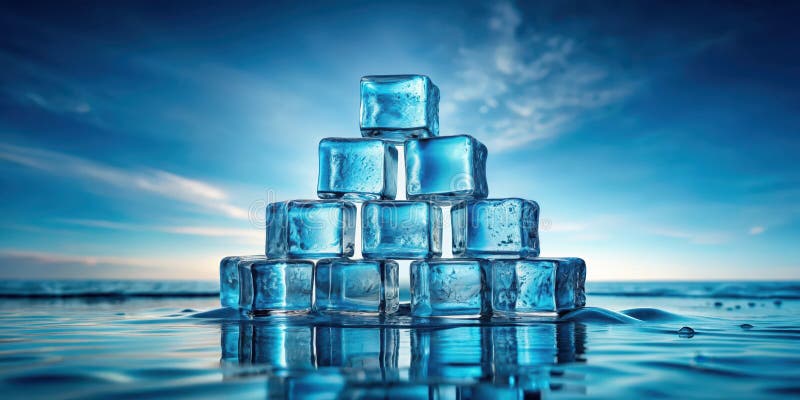 Serene Ice Cubes Structure Reflecting in Still Water Under a Blue Sky ...