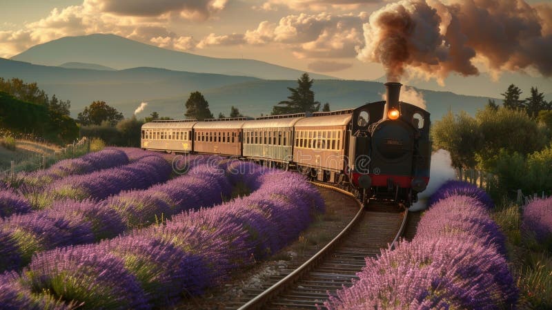 A Serene and Idyllic Scene of a Train Journeying through Endless Rows ...