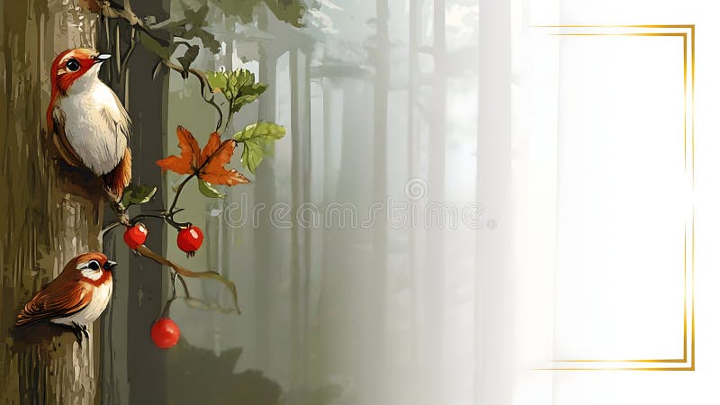 A Serene Illustration Featuring Two Birds on a Tree, Surrounded by a ...