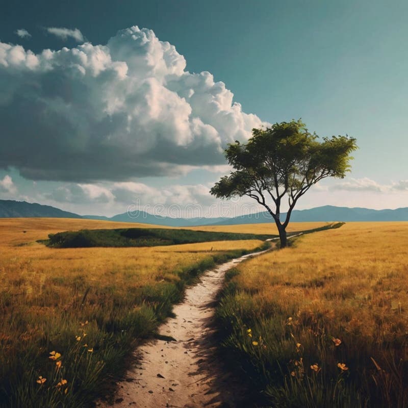 Serene Illustration Lone Tree Stream Ai Generated Stock Photos - Free ...
