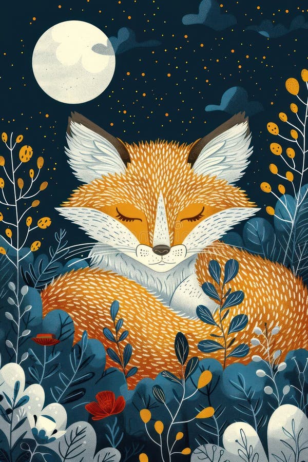 Sleeping Fox Surrounded by Moonlit Flora: a Nighttime Illustration ...