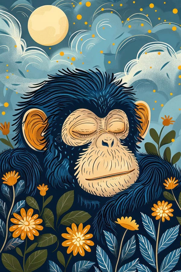 Peaceful Chimpanzee Sleeping Serenely Amidst Night Blooming Flowers ...