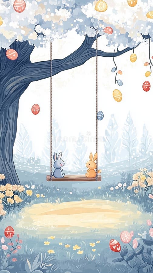 Two Colorful Rabbits on a Swing Under a Blooming Tree in a Whimsical ...